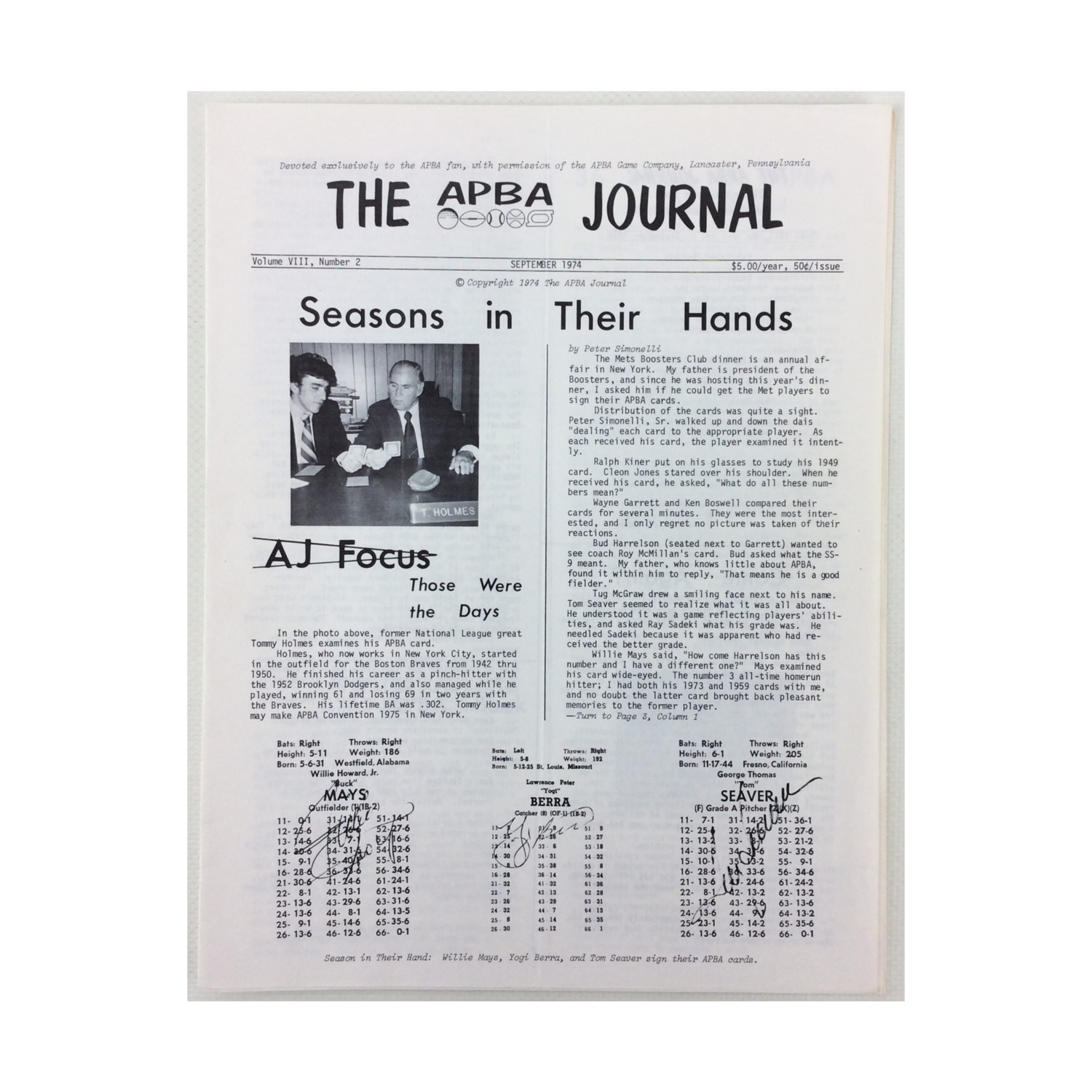APBA APBA Journal Volume 8, #2 "Seasons in Their Hands, AJ Focus, Come ...